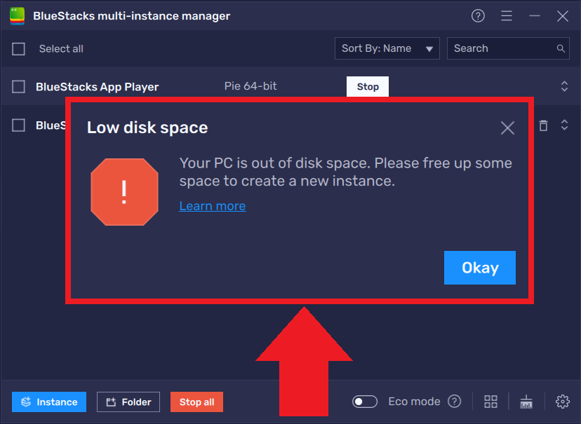Solution for "Low disk space" on BlueStacks 5 – BlueStacks Support